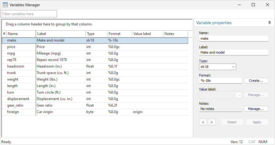 Variables Manager Stata